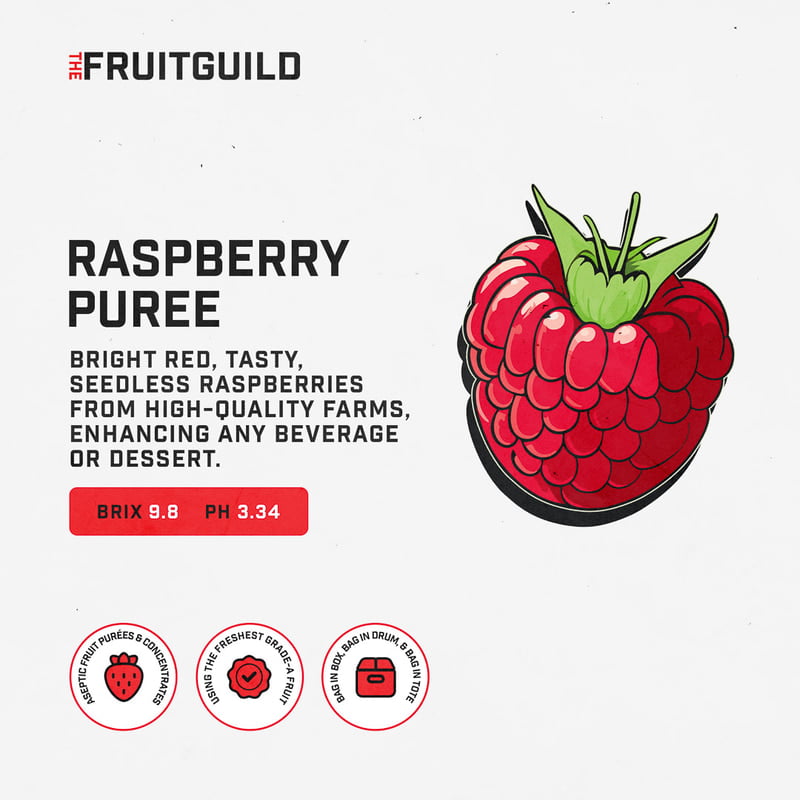 Raspberry Aseptic Fruit Puree - 200 lb tote, 4o0 lb Drum or 45 lb Case